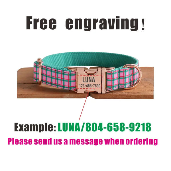 Personalized Dog ID & Leash Set | Elegant Pink Green Plaid Dog Collar ...